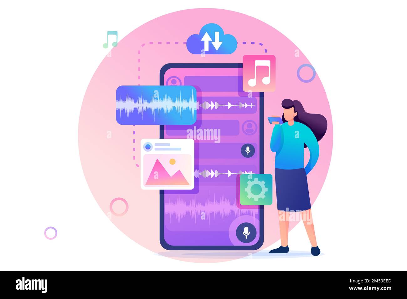 Young girl communicates by sending voice messages. Modern Concept of ...