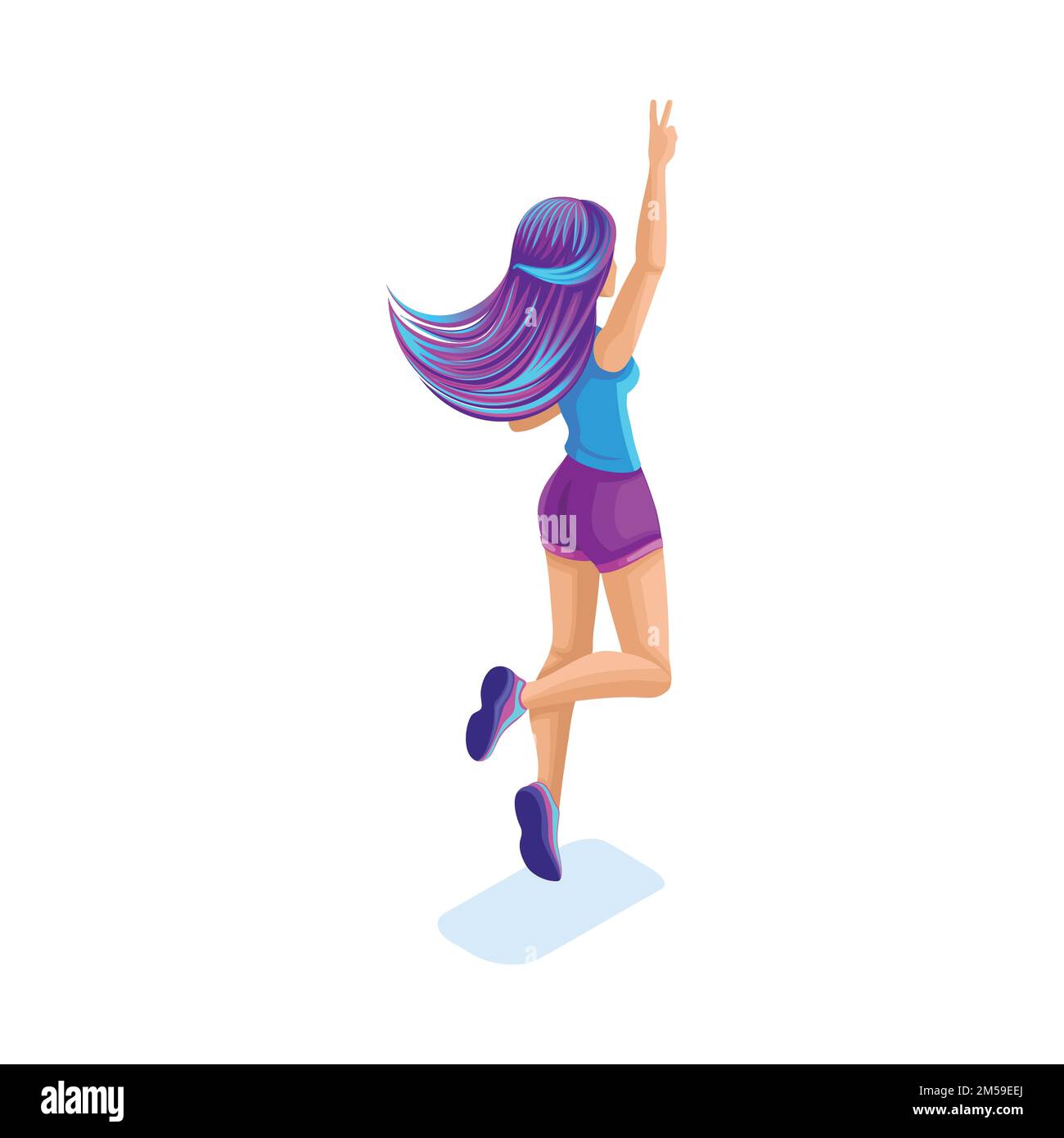 Isometric girl jumping, having fun, happy with colorful hair, concept ...