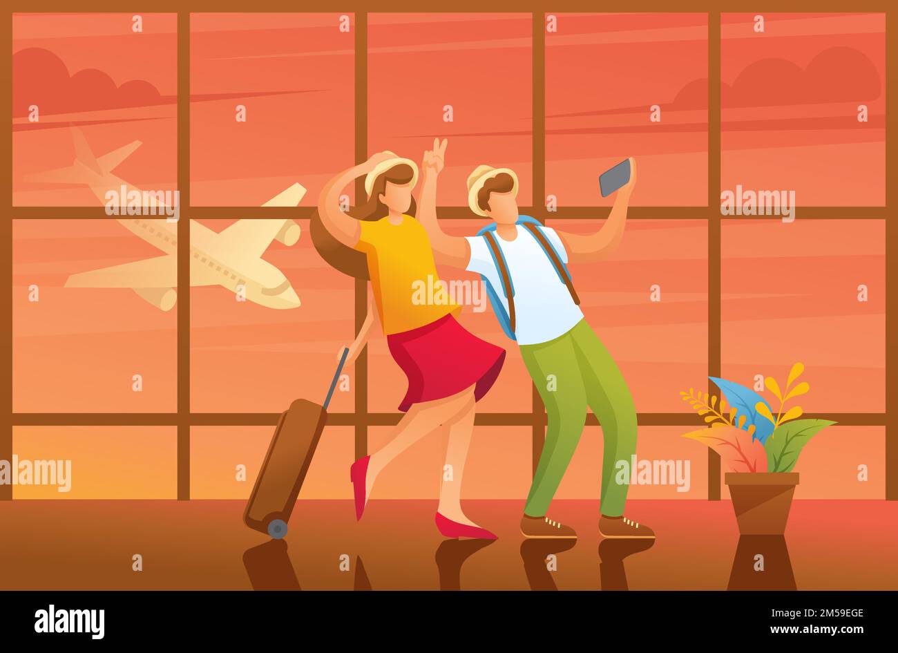 Friends in the airport building before flying on vacation. Flat 2D ...