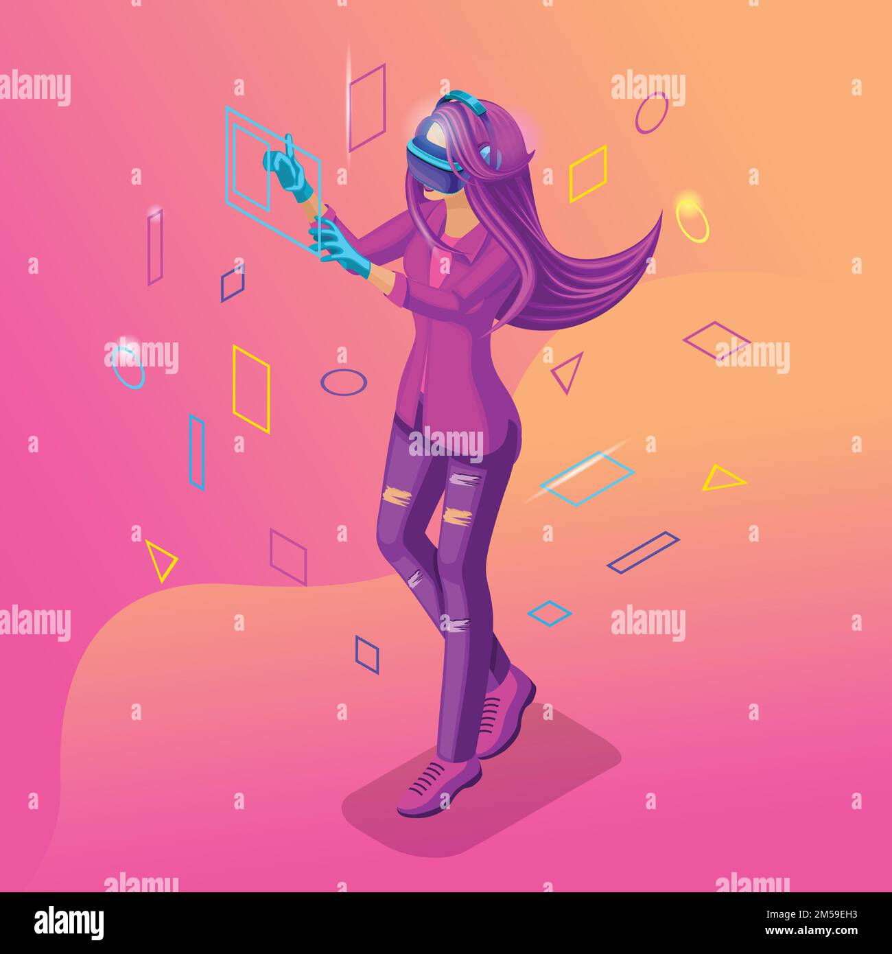 Isometric girl playing in a virtual game. The teenagers are generation Z with gadgets. Bright ...