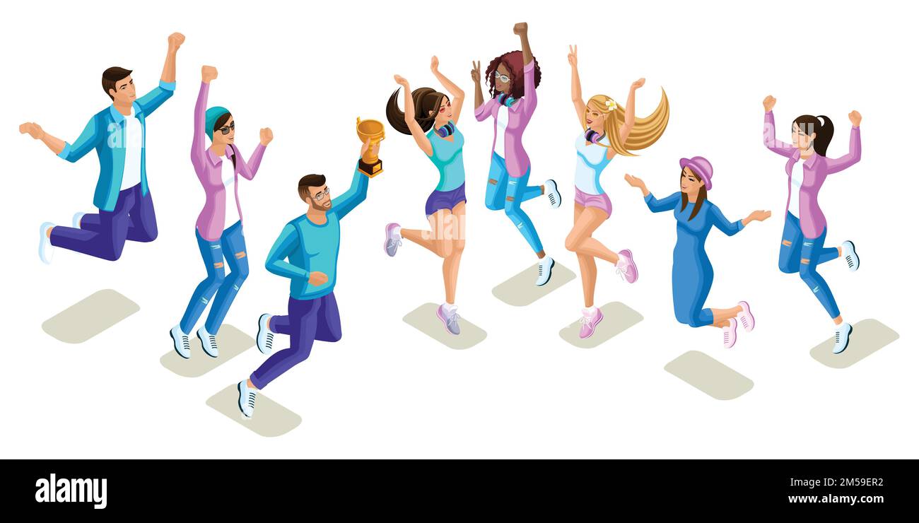 Isometrics teenagers jumping, bright design, generation Z, cool girls ...