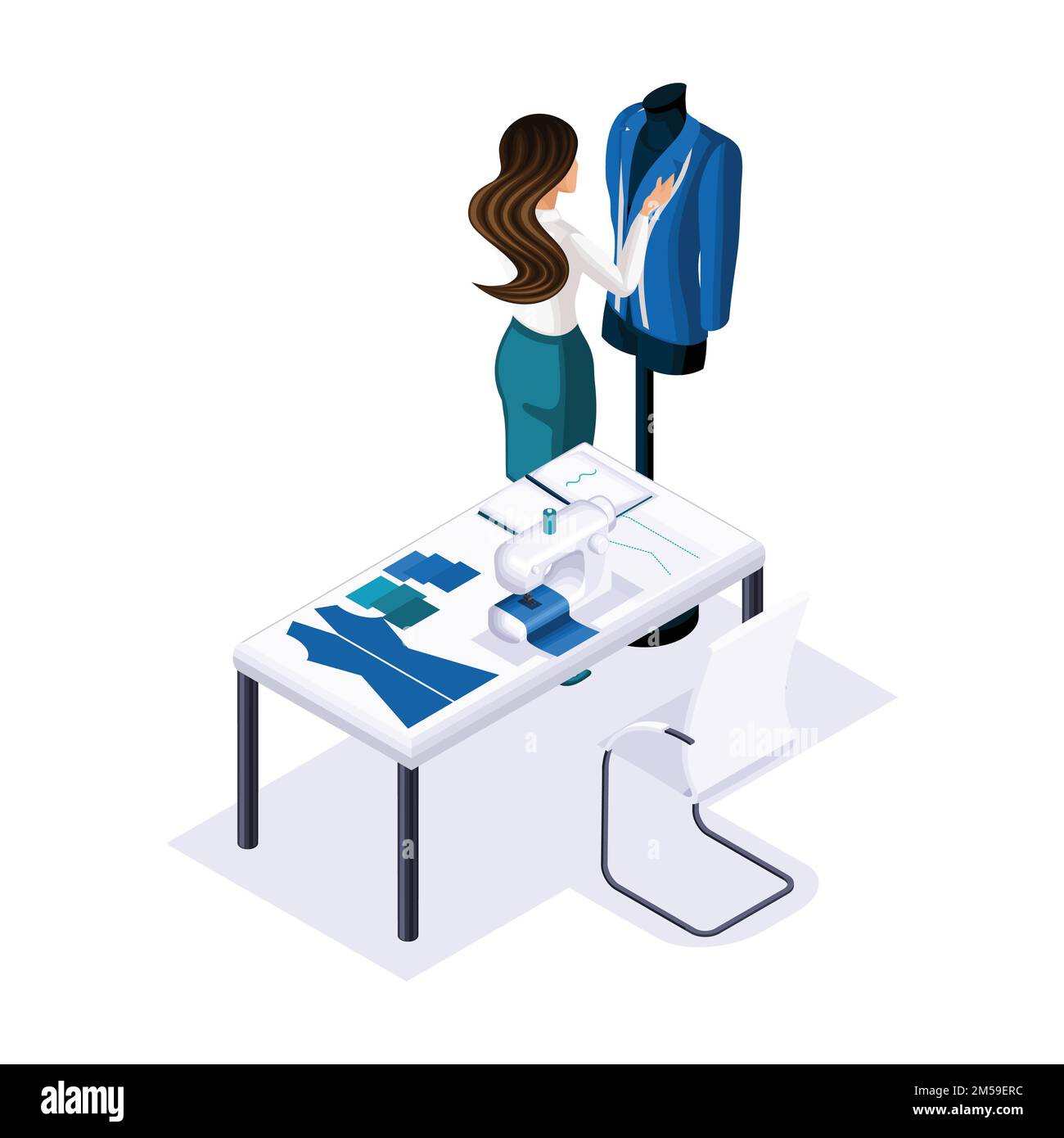 Isometric tailor, designer creates, tailoring clothes for high fashion ...