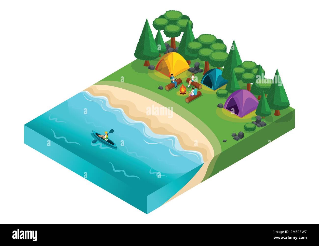 Isometric landscape rests on the river, friends on vacation, fresh air ...
