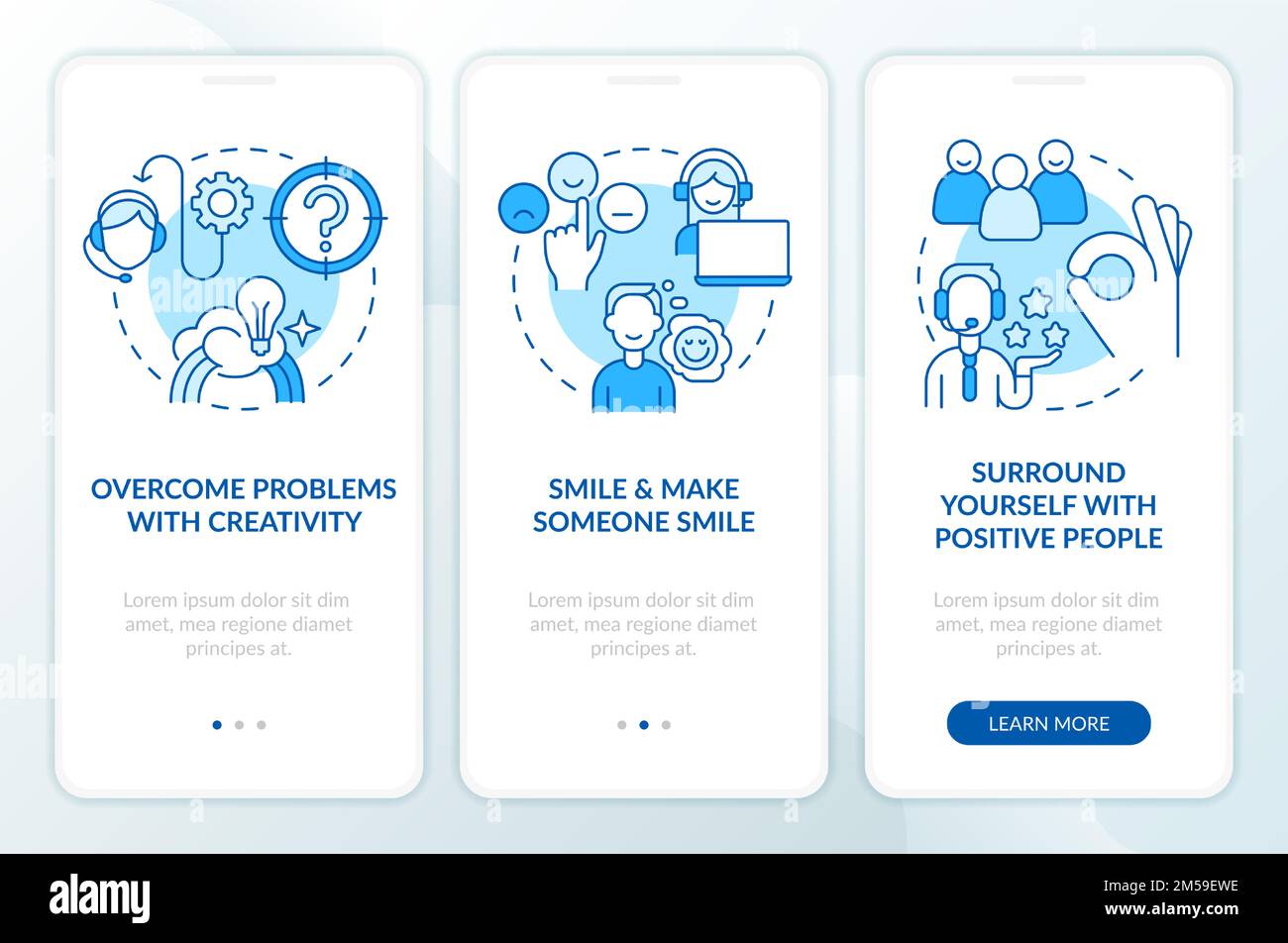 Positive attitude in service blue onboarding mobile app screen Stock ...