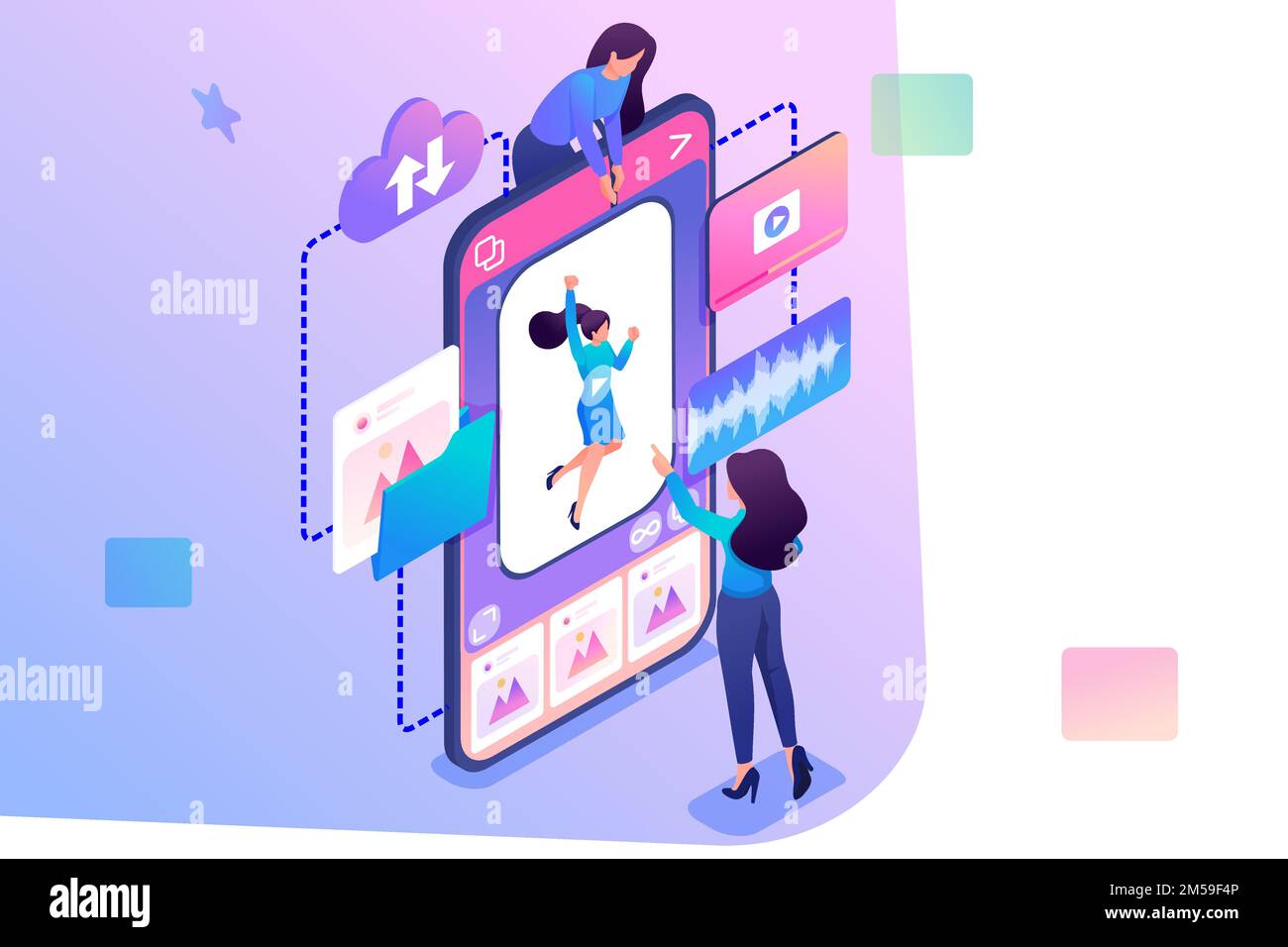 Young girls make a post on the social network. Uploading content to ...