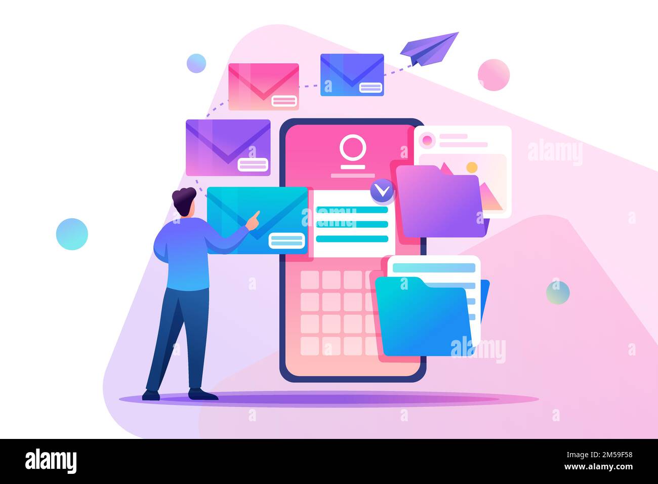 Young man creates New email message, send mail notification. New ...