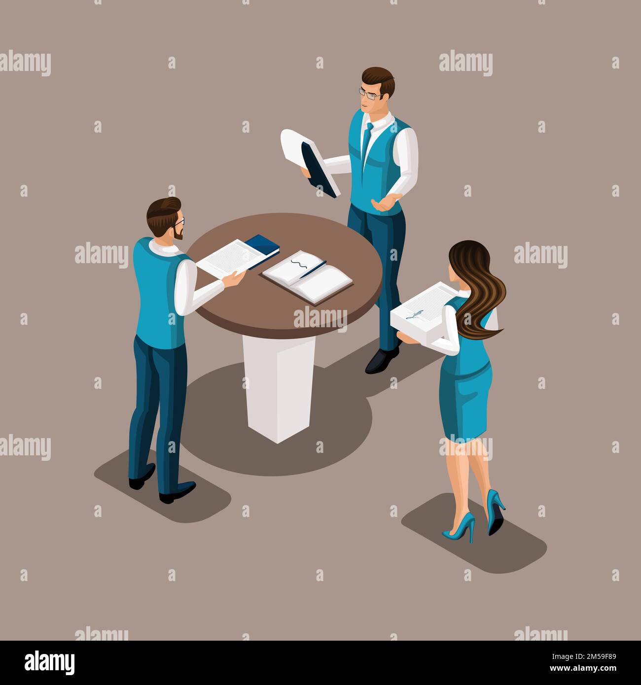 Isometric Bank employees in the bank's office conduct brainstorming ...