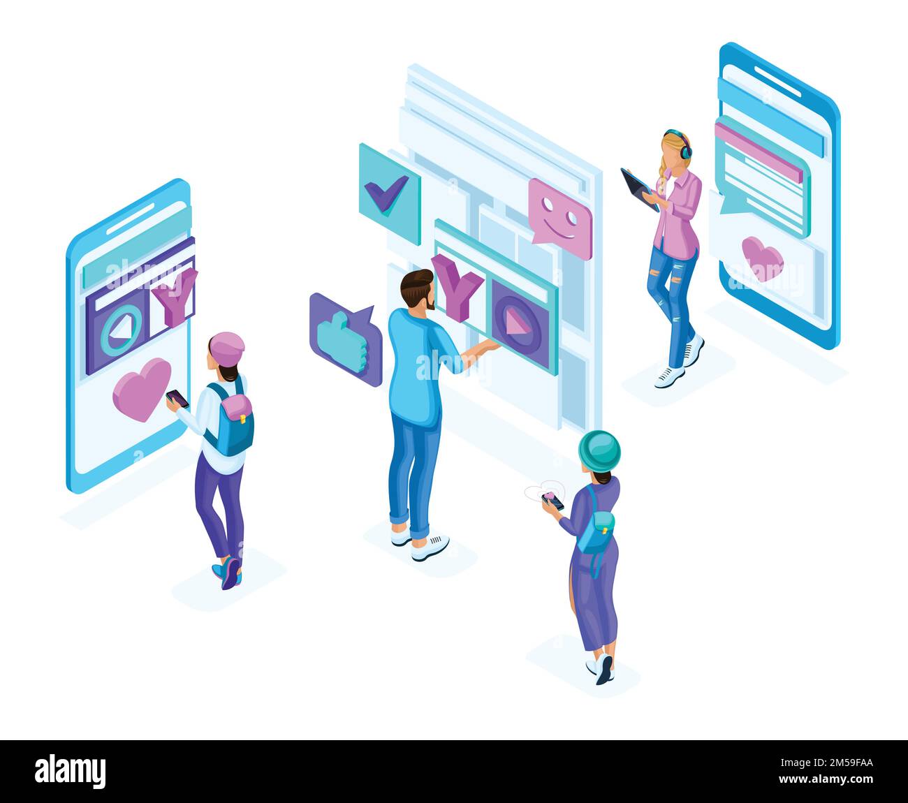 Isometric teenagers, use gadgets, phones, generation Z, colorful concept of social networking ...