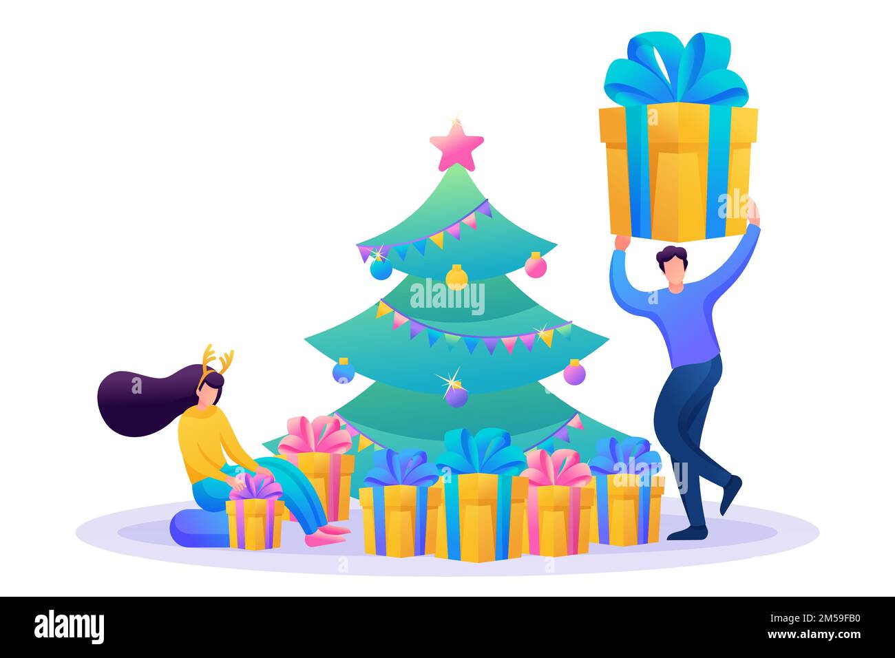 Young people have fun near the Christmas tree, unpacking gifts. Flat 2D ...