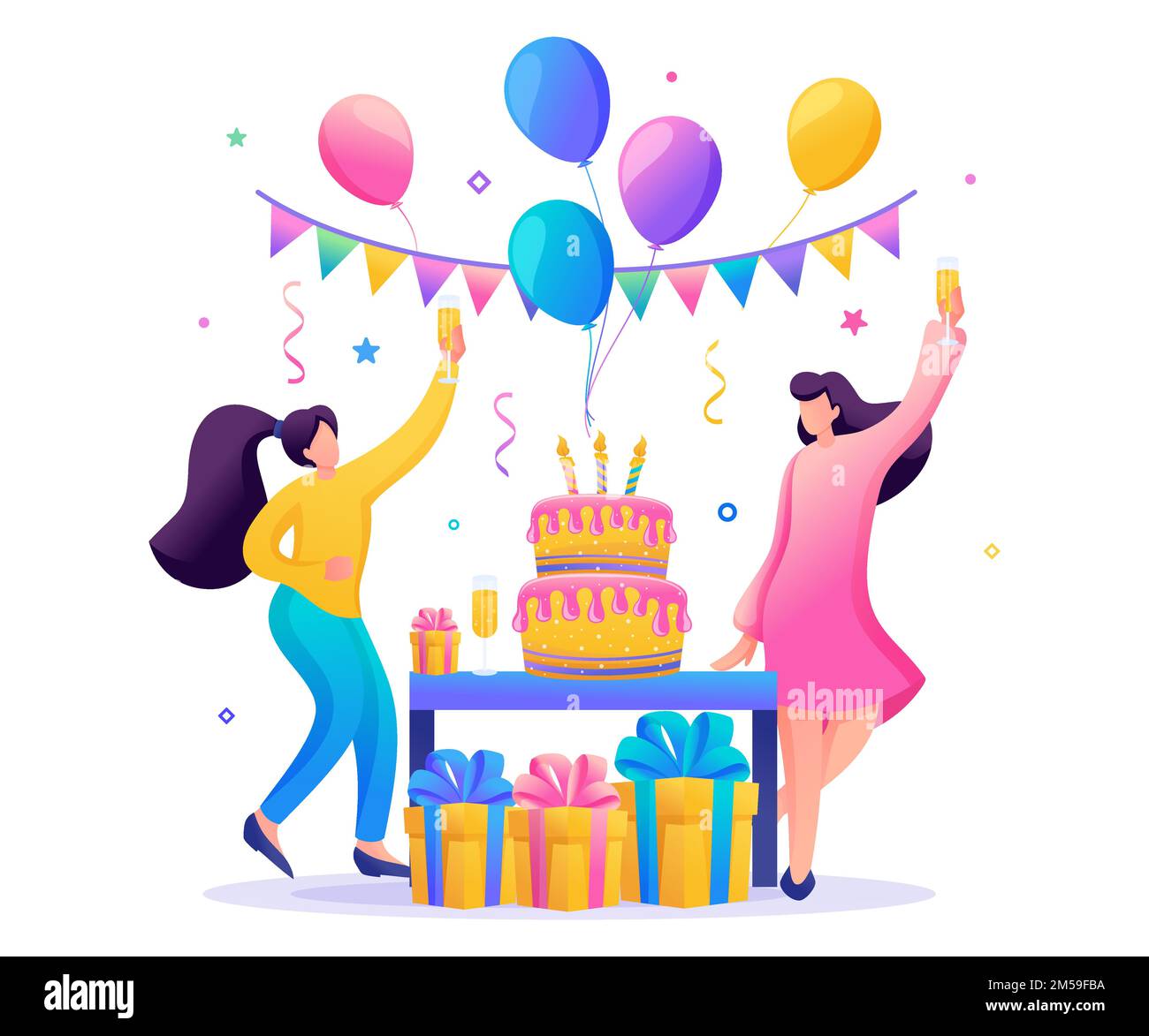 Birthday party with friends. People carry gifts, balloons, a large cake ...