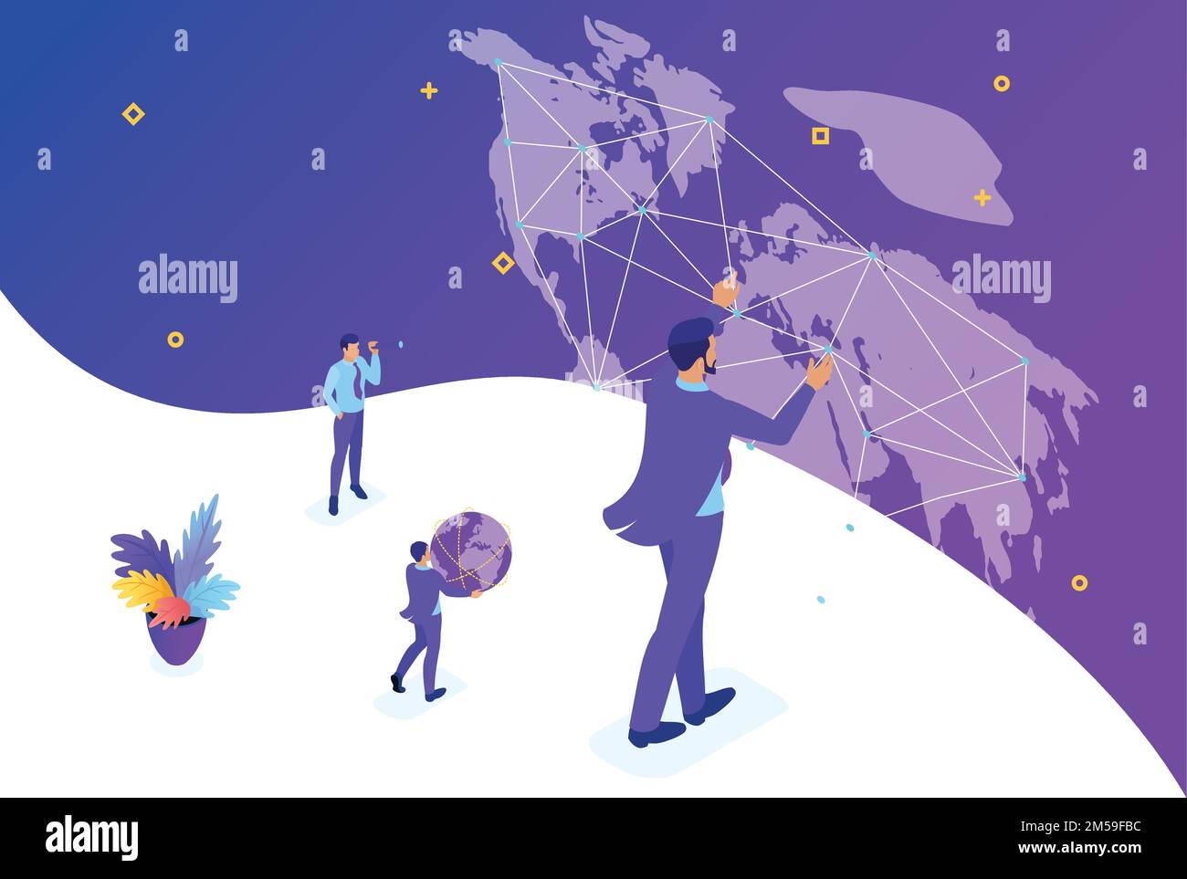 Isometric Bright concept site concept Big businessman running the world ...