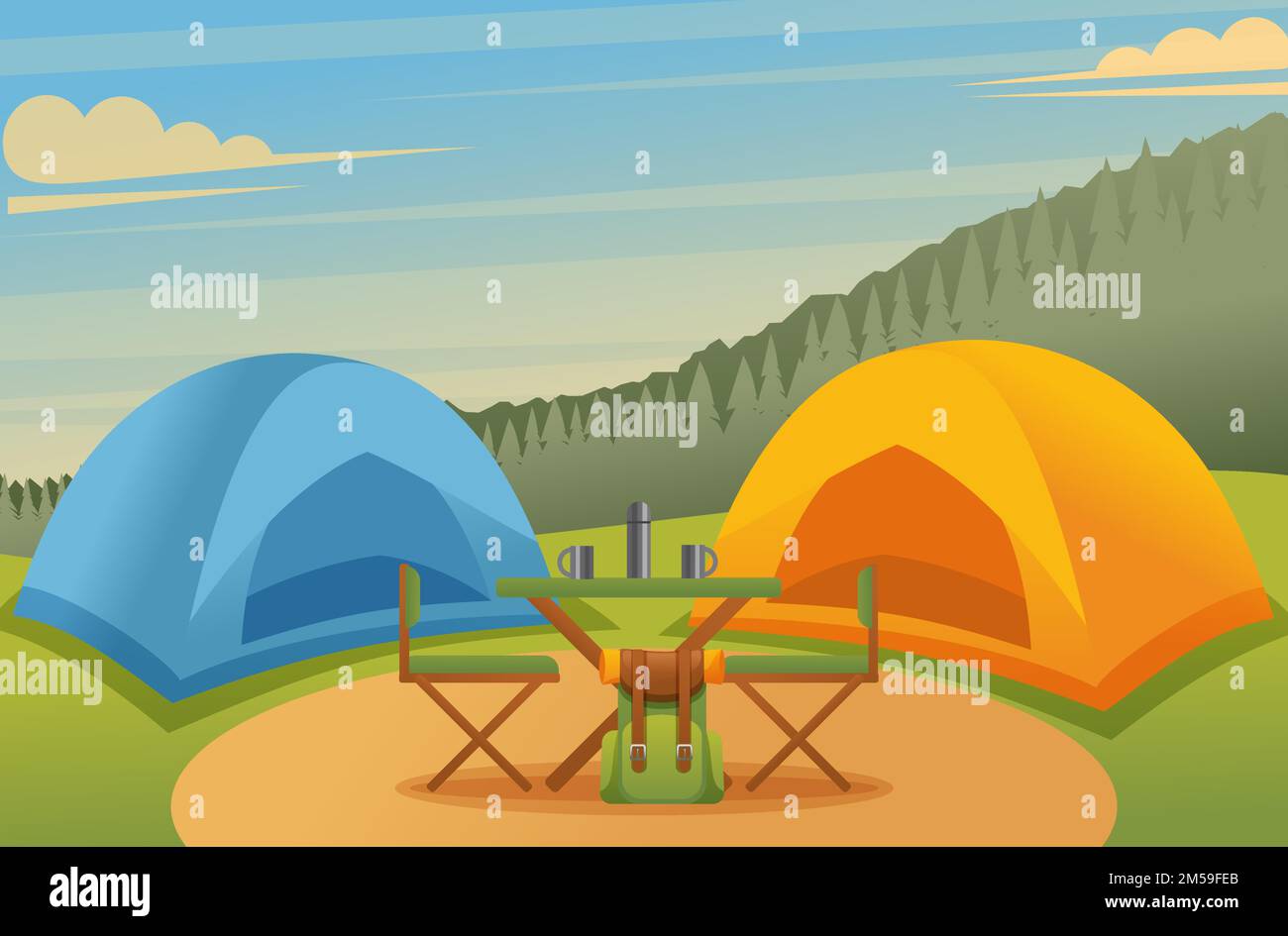 Camping in the forest, tents and a table with chairs in a beautiful meadow. Vector illustration ...