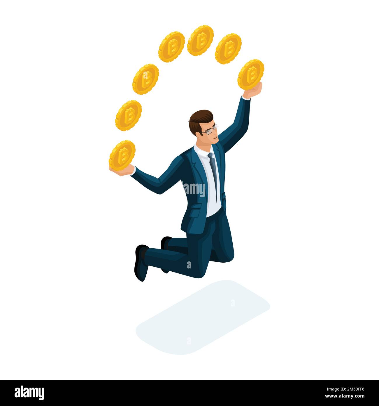 Isometric businessman is happy to throw up coins, jumping concept of a ...
