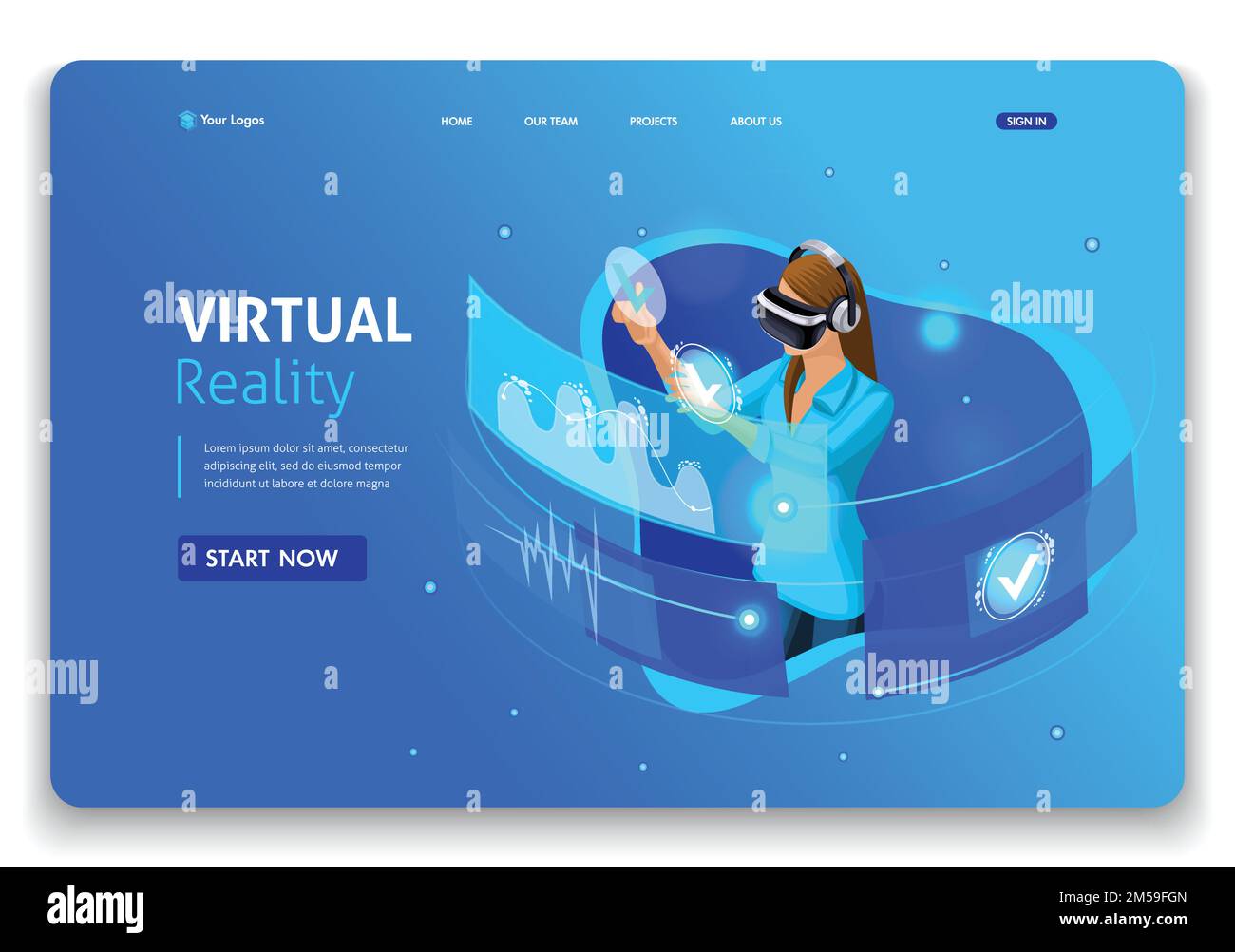 Template Website design. Isometric concept business woman work, Augmented reality, time ...