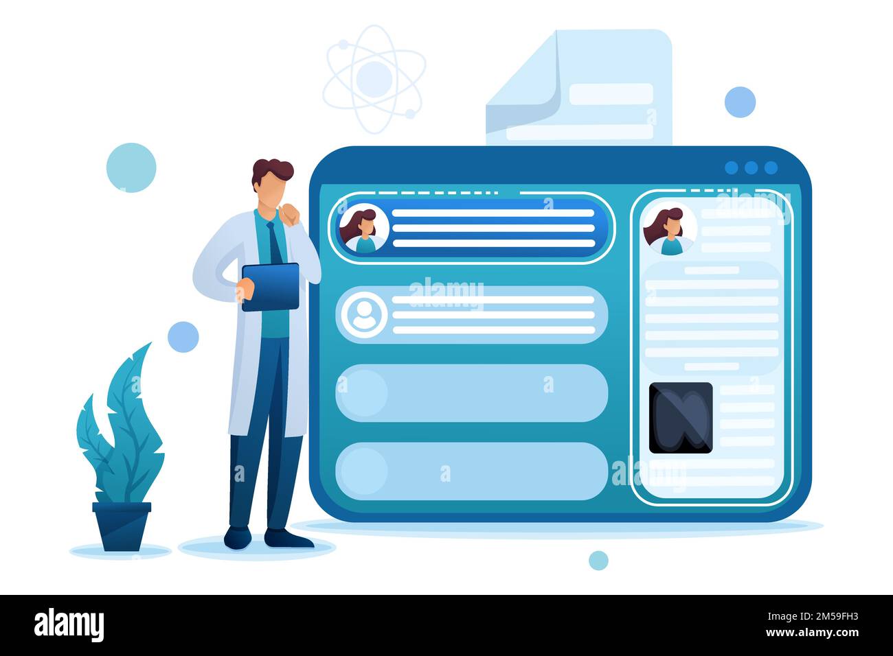 Doctor looks at the patient's electronic chart on the tablet. Flat 2D ...