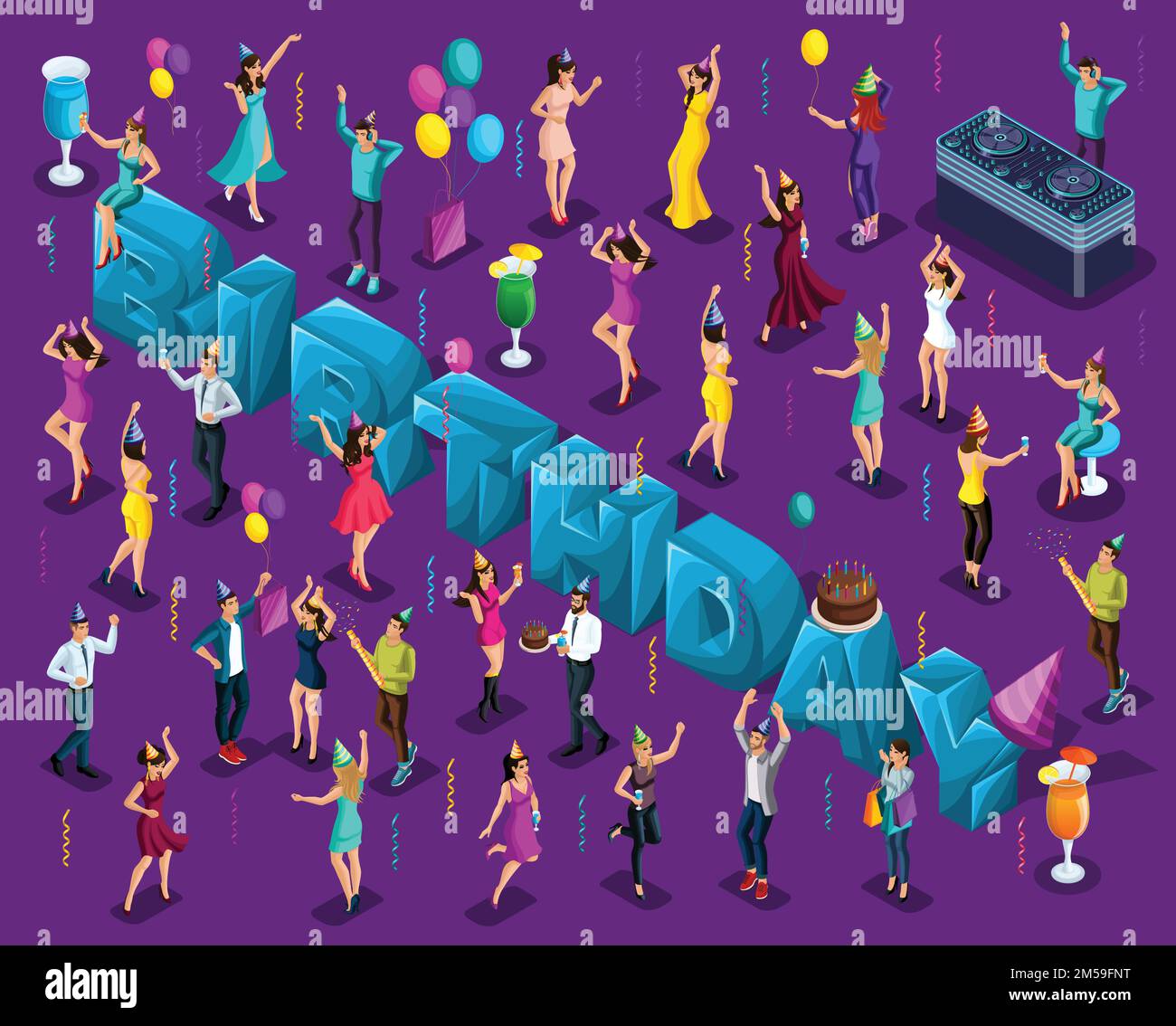 Isometric celebration birthday, big letters, dancing 3d people, in ...