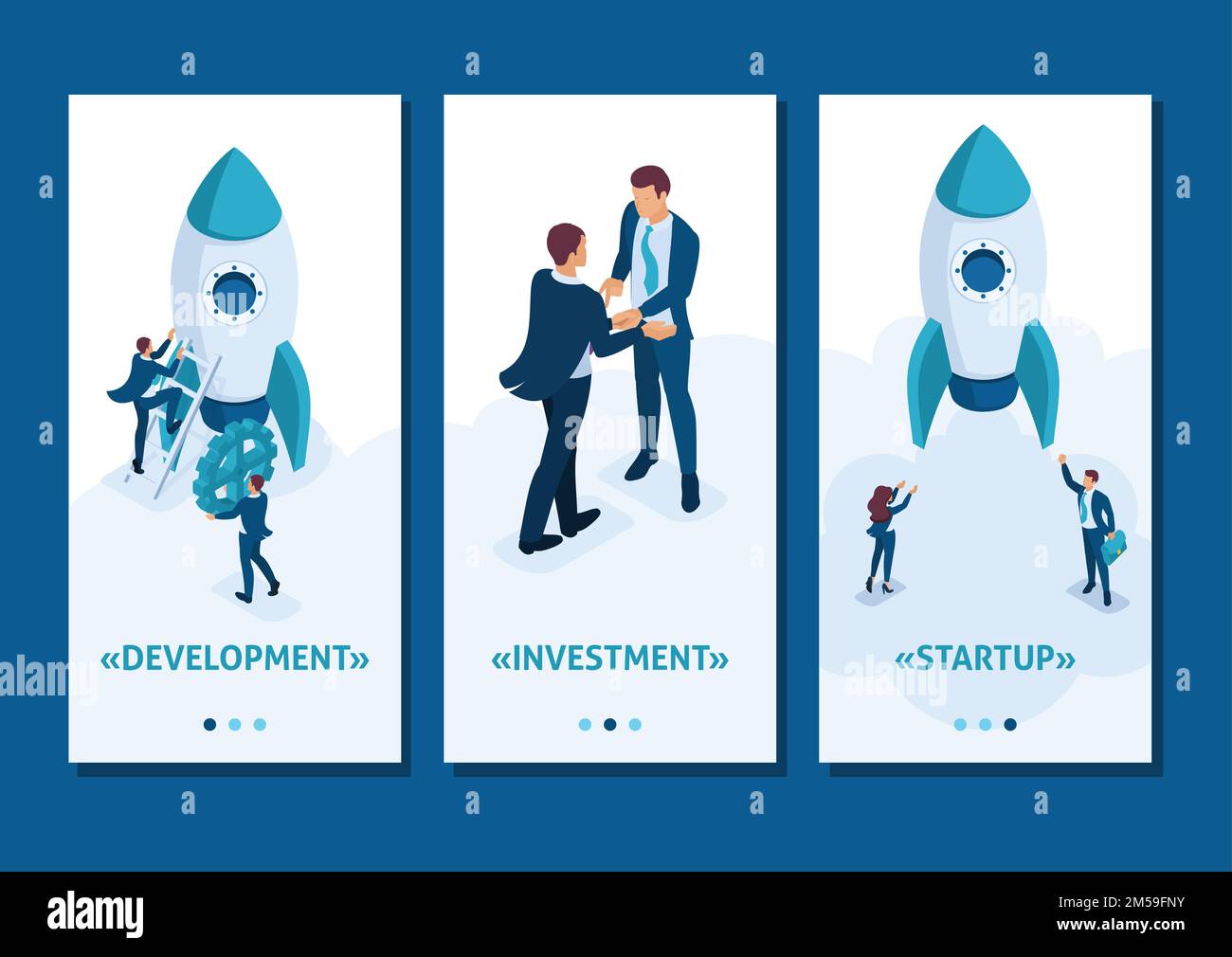 Isometric Template app development and startup business. Businessmen create a rocket, smartphone ...