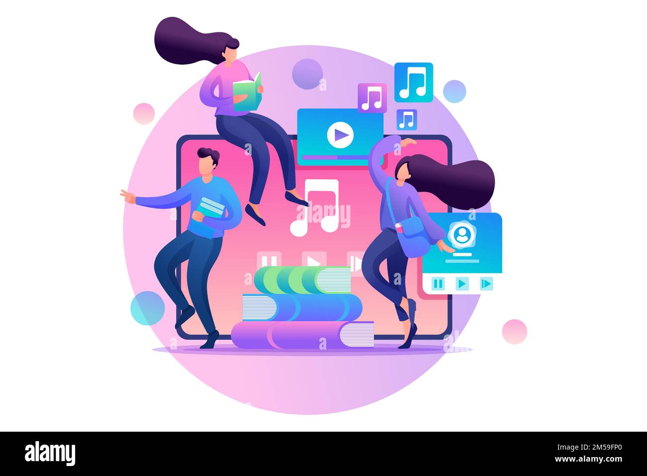 Young people on distance learning, use gadgets to study. Flat 2D ...