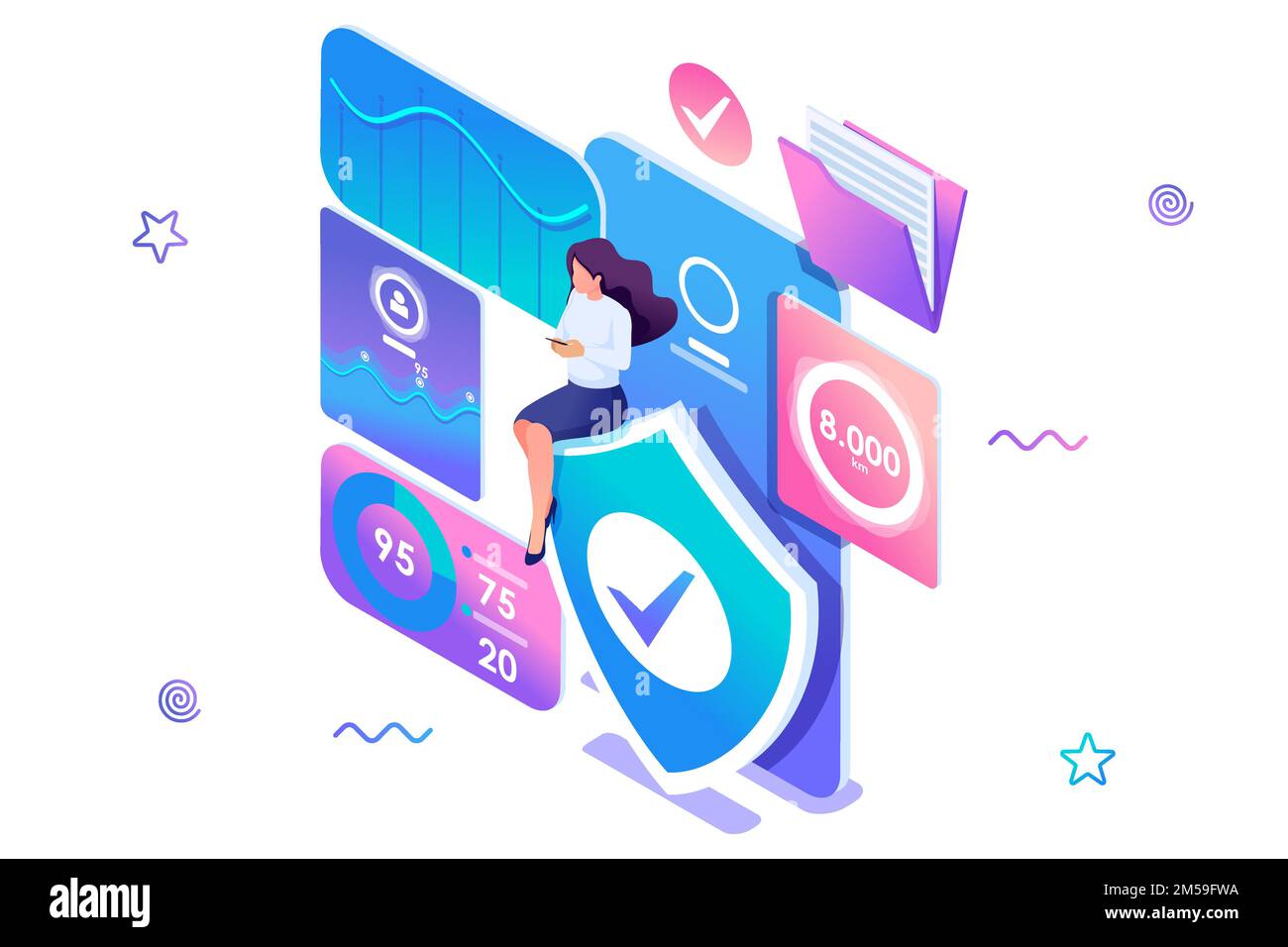 Isometric concept Girl installs online application to protect data on ...