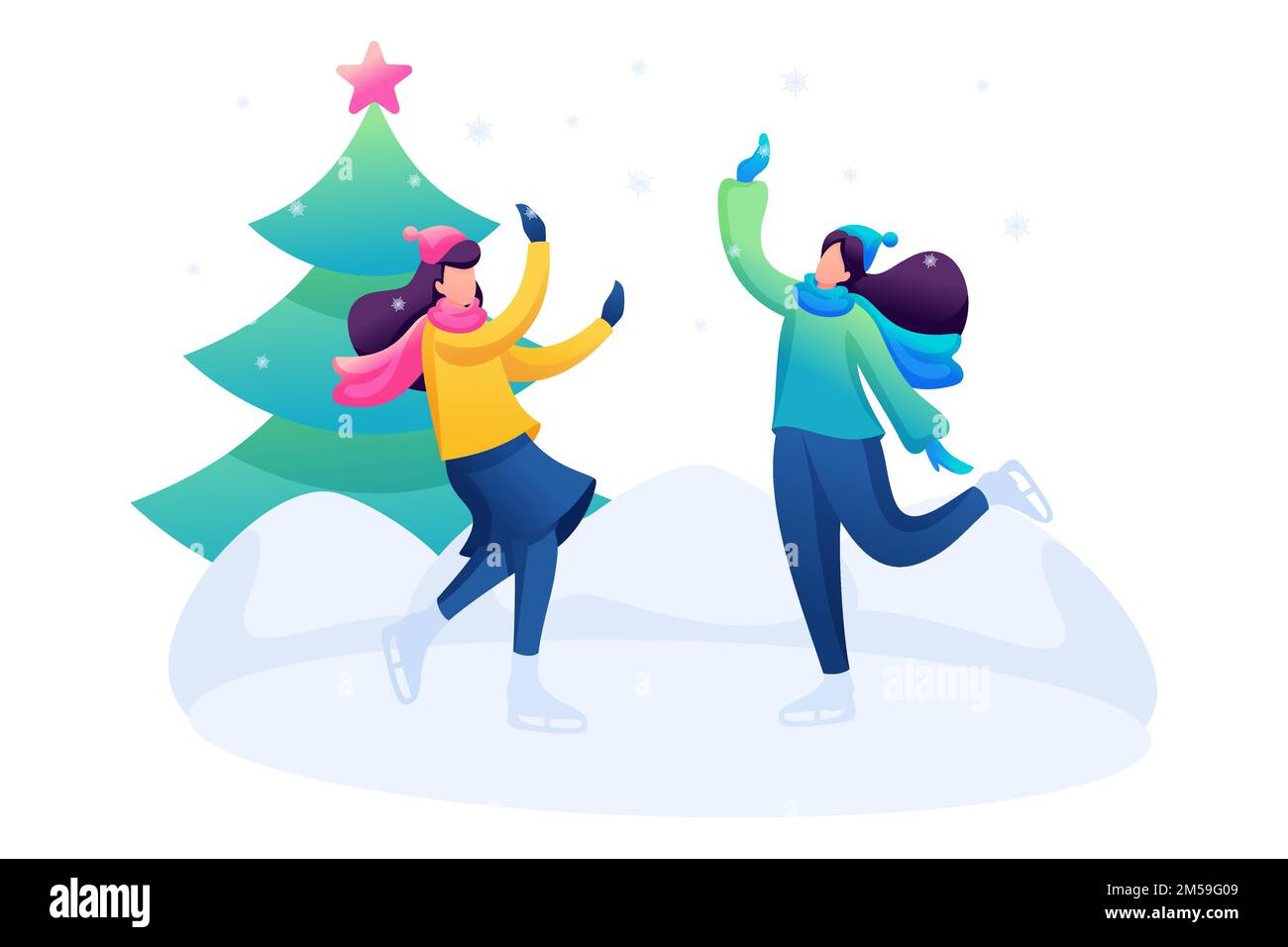 Young girls have fun at the rink, skating, winter entertainment. Flat ...