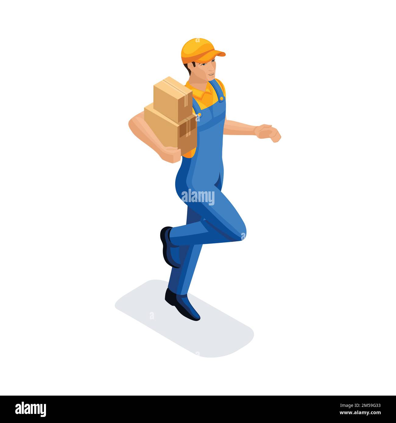 Isometric man runs with cardboard boxes, delivery service. Fast ...