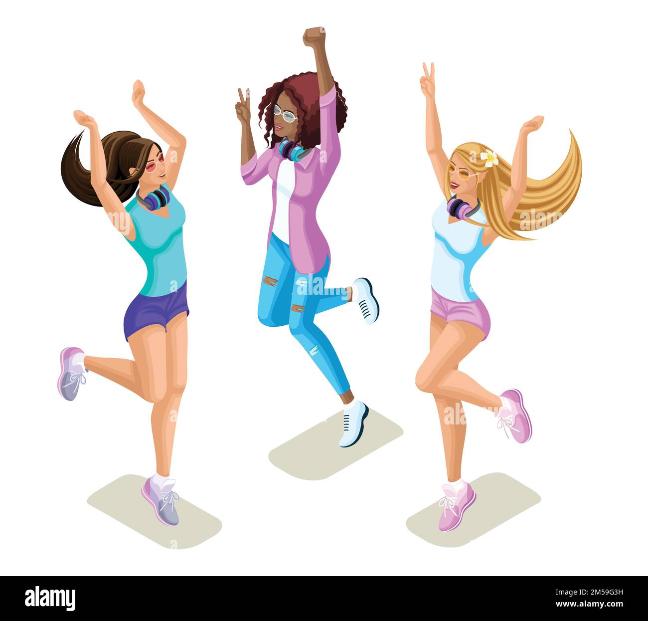 Isometrics teenagers jumping, generation Z, tough girls, beautiful and young, funny and bright ...