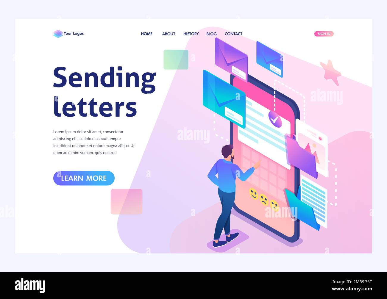 Young man creates New email message, send mail notification. New ...