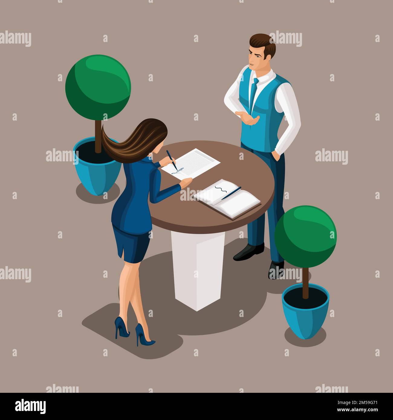 Isometric girl the entrepreneur signs the contract in the bank's office ...