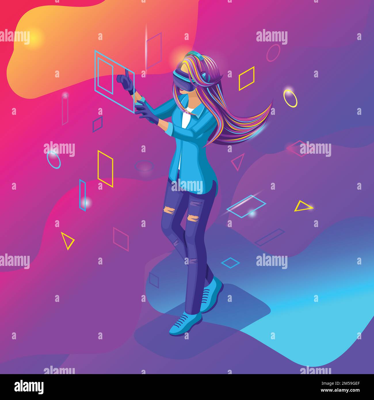 Isometric girl playing in a virtual game. The teenagers are generation Z with gadgets. Bright ...