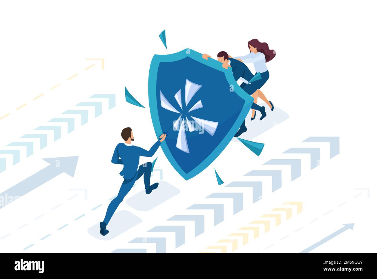Isometric Business businessmen hiding behind a shield from attack ...