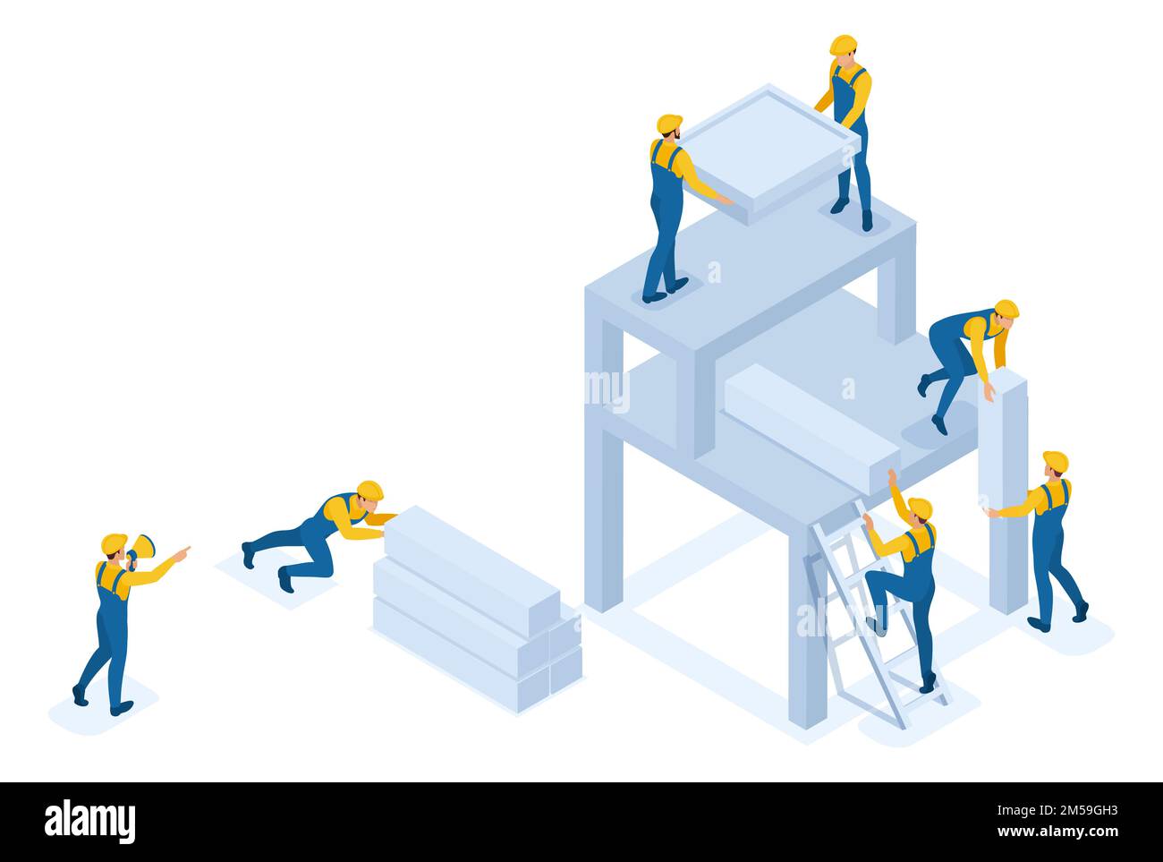 Isometric team of builders create a building, workers help each other ...