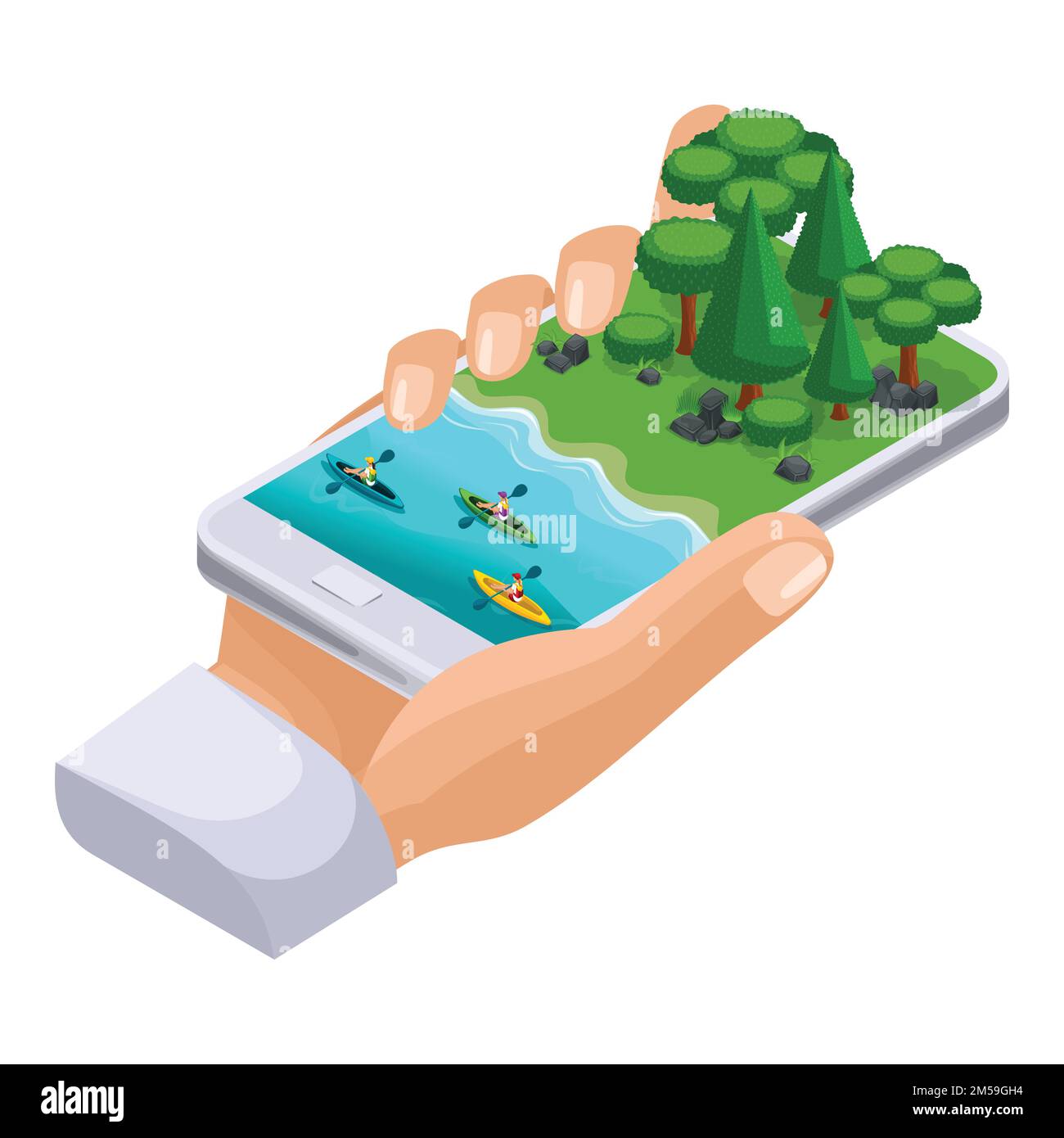 Isometric concept of outdoor recreation, shore of the lake, friends ...