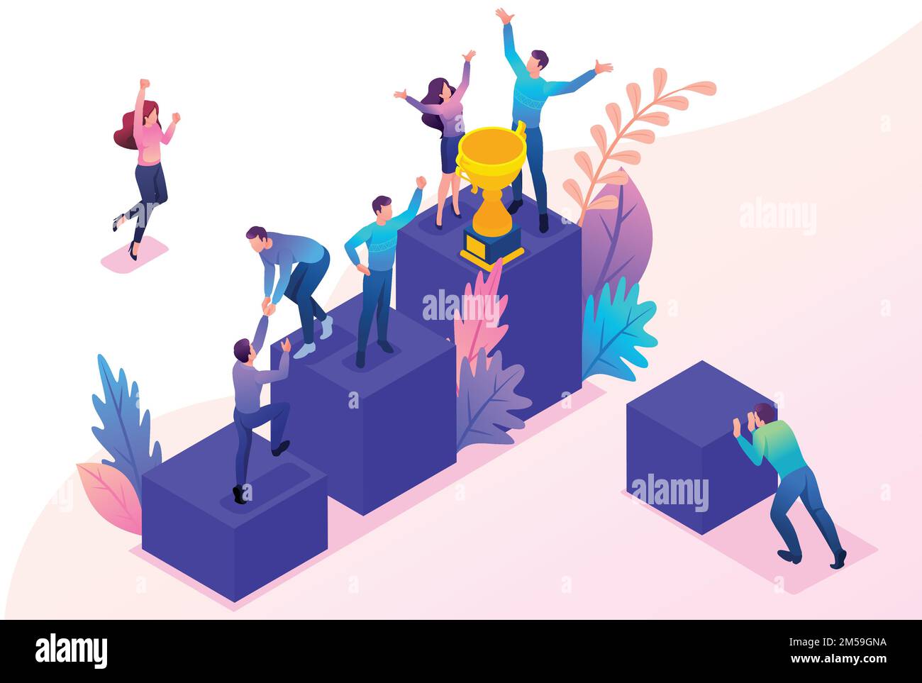 Isometric Bright concept successful young team, upward movement ...