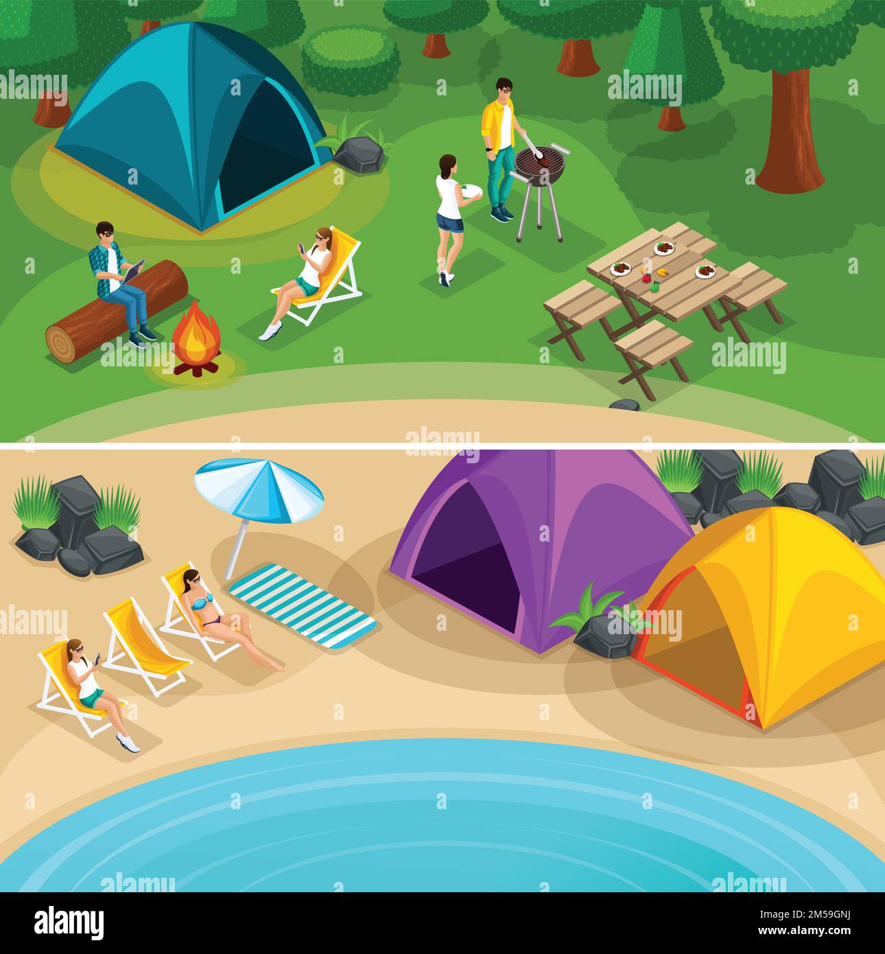Isometric Expedition travel hiking, 2 horizontal webpage banners with ...