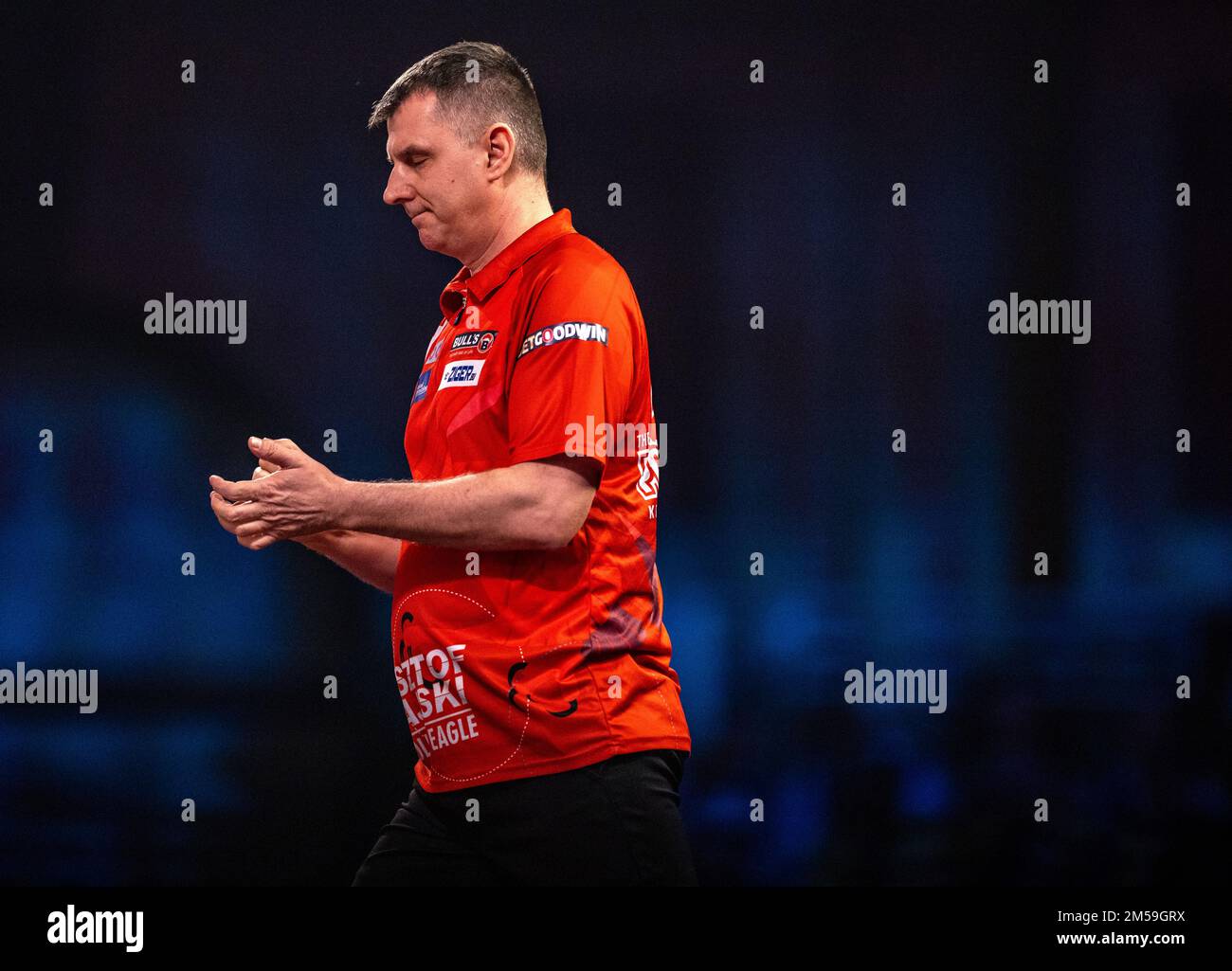 Krzysztof Ratajski reacting during day ten of the Cazoo World Darts ...