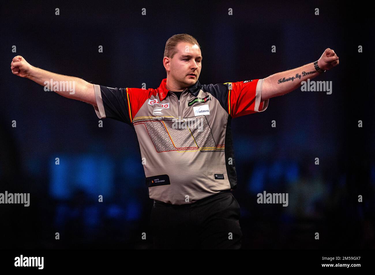 Dimitri Van den Bergh reacting during day ten of the Cazoo World Darts ...