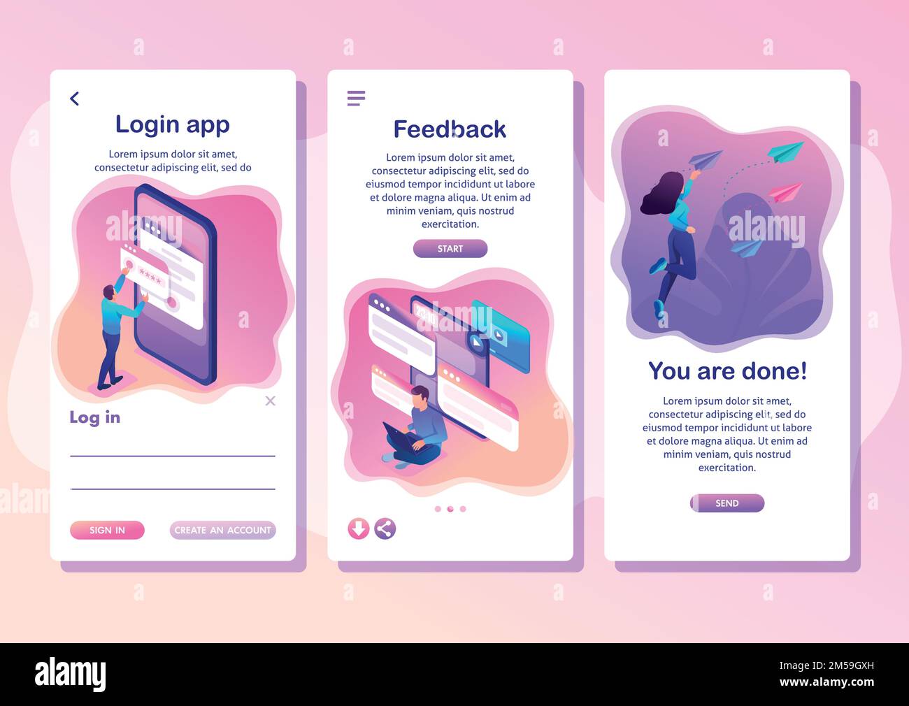 Isometric Template app bright concept users write comments, recall and feedback about services ...