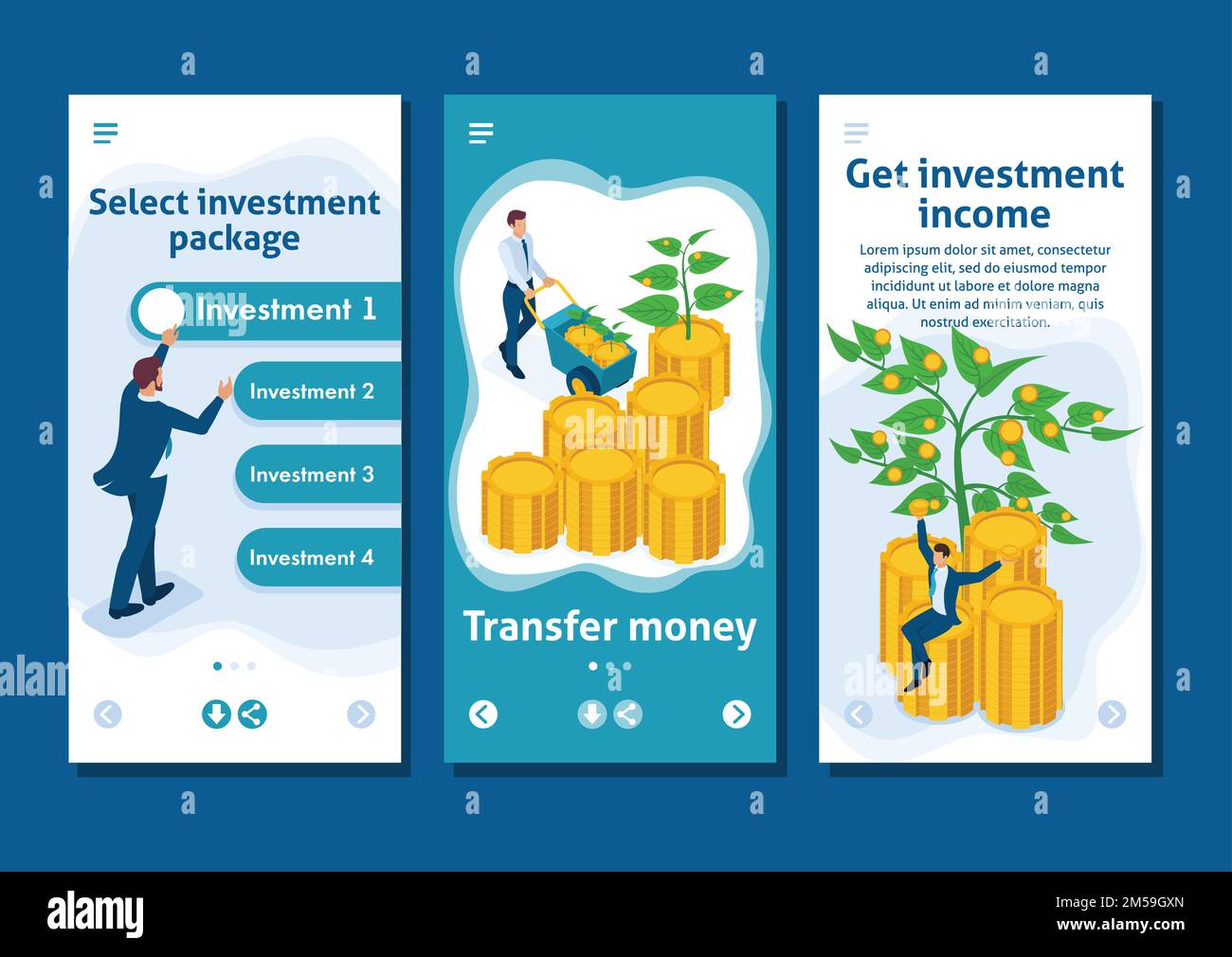 Isometric Template app businessmen invest money and help them grow and ...