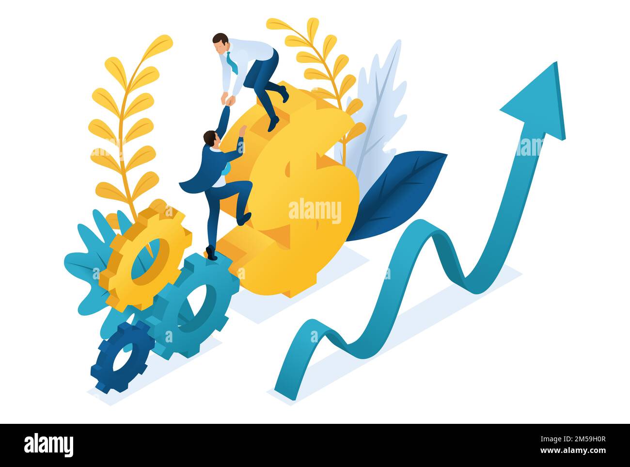 Isometric helping a big businessman to his partner, helping hand ...