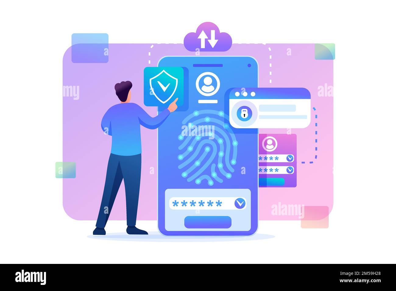 Young Man With Mobile Phone Data Protection Biometric Lock Flat 2d