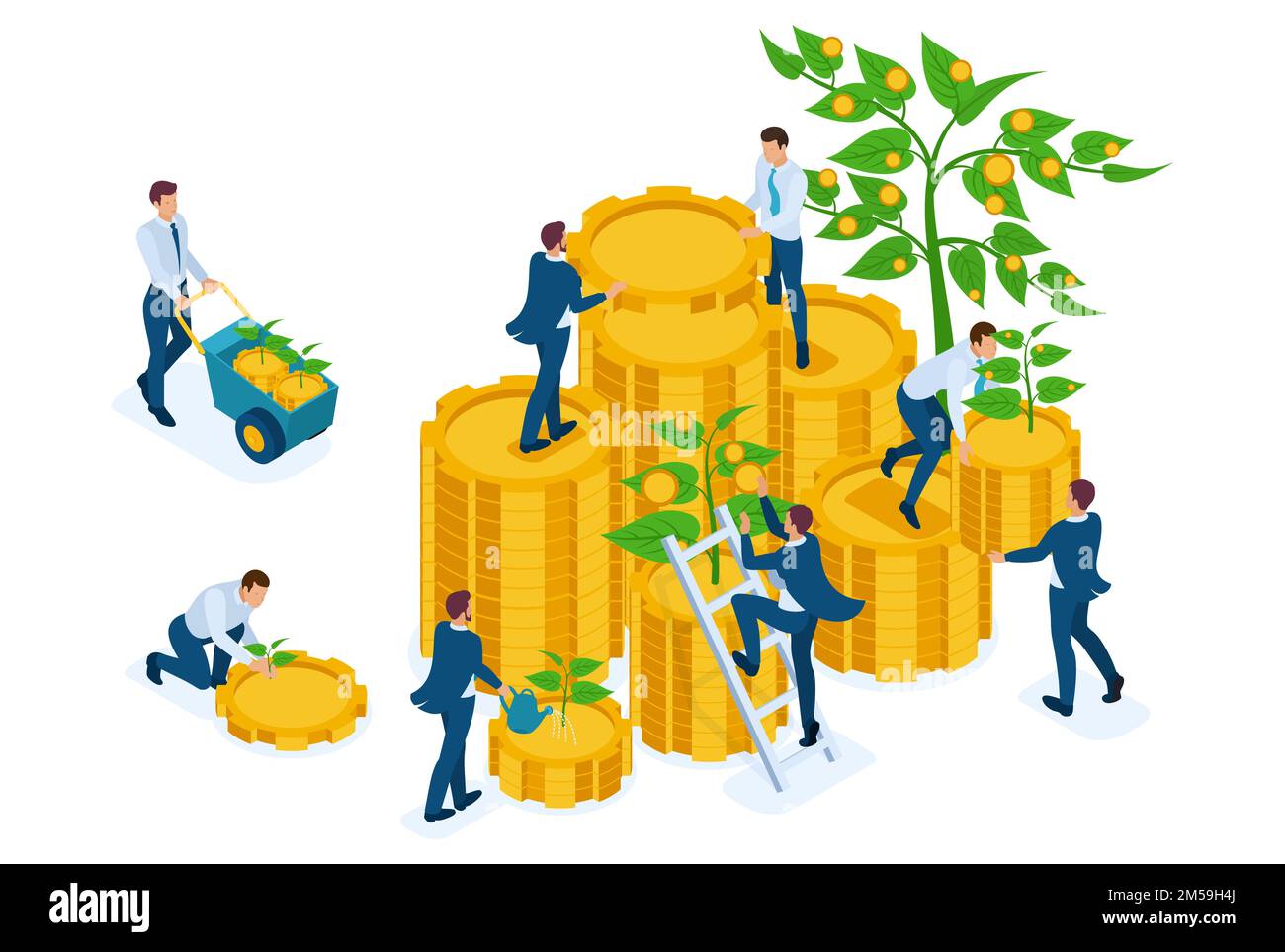 Isometric Income from investments, businessmen collect profits and ...