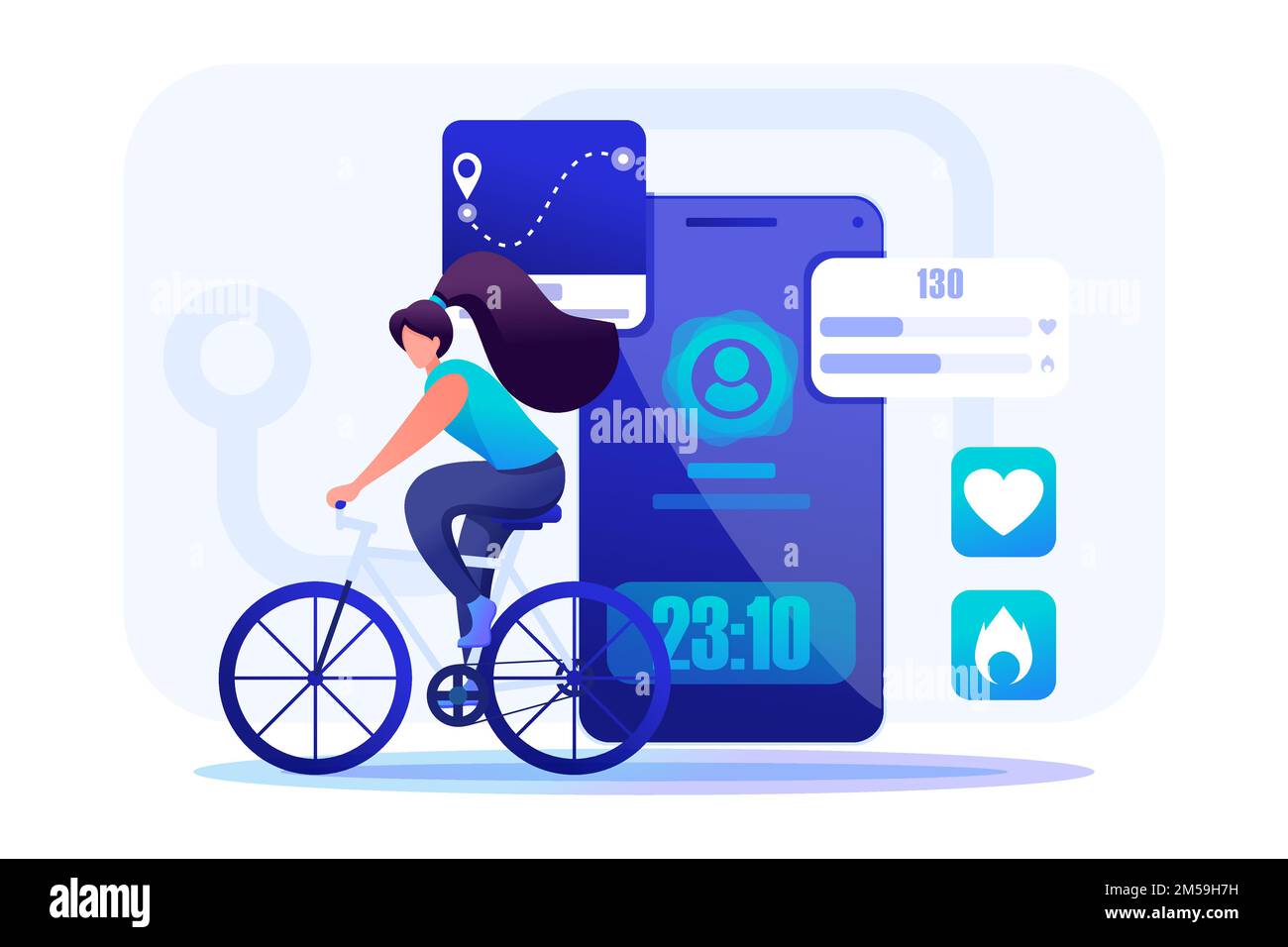 Young girl Cycling, mobile app to track your workouts. Flat 2D ...