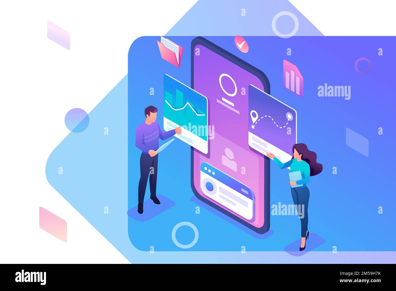 Isometric young people stand near the mobile phone screen, testing the ...