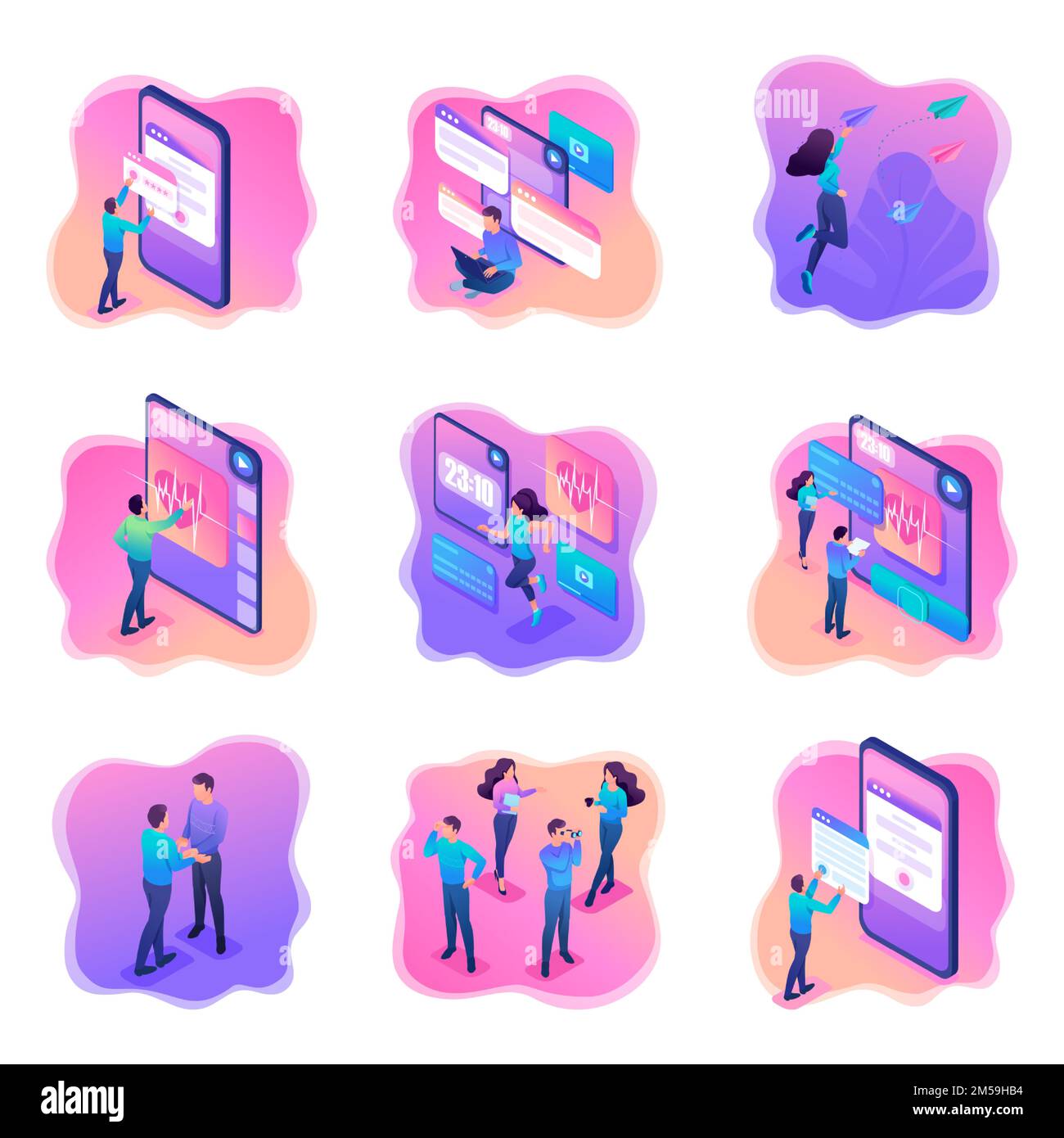 Isometric bright concepts with teenagers or young entrepreneurs. Vector ...