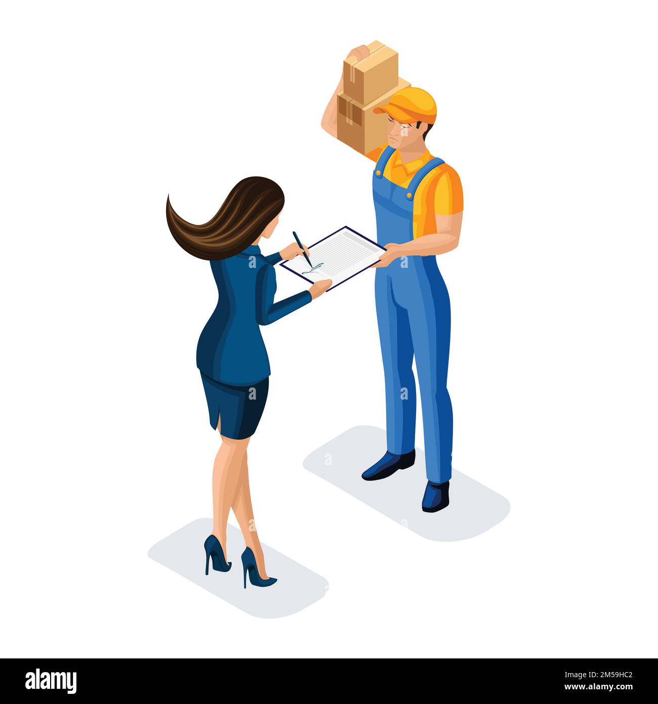 Isometric courier delivered a parcel to a businesswoman, signs ...