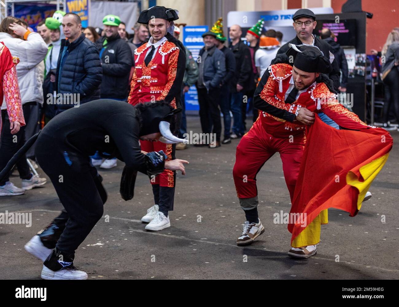 Fans in fancy dress arriving for day ten of the Cazoo World Darts ...