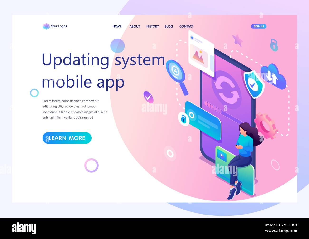 Isometric concept Update the mobile application system, the girl ...