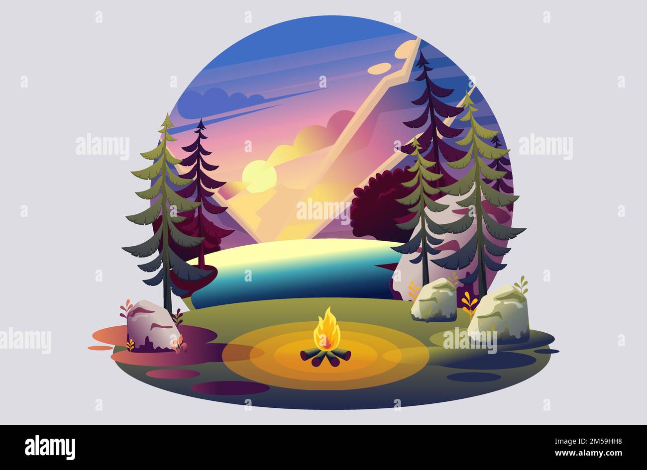 Bright illustration of a campsite, a fire on the background of the ...