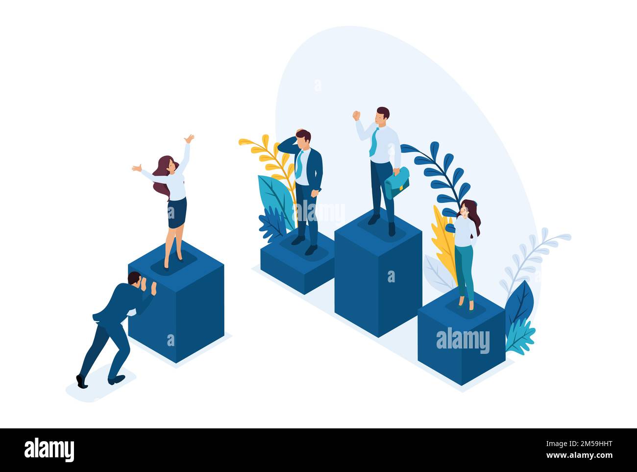 Isometric businessmen on a pedestal of superiority, successful leader ...