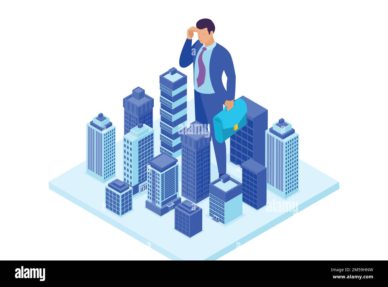 Isometric Bright site concept Big businessman looks down at the city ...